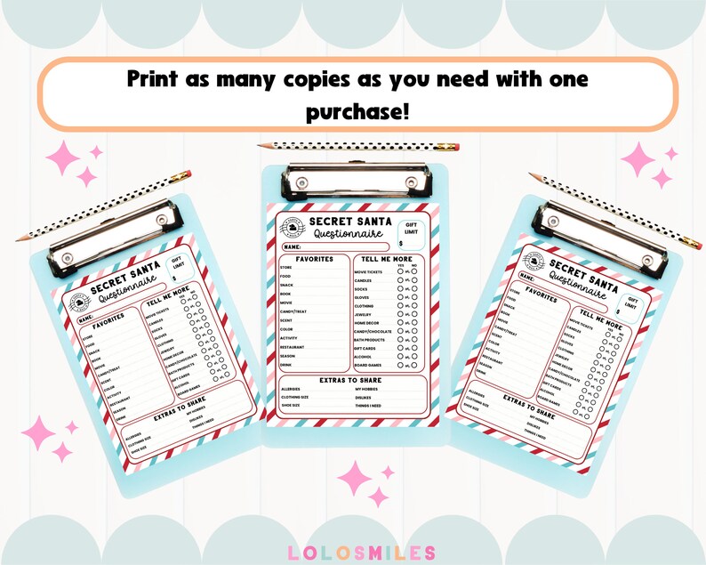 Secret Santa Questionnaire, Christmas List Questionnaire, Gift Exchange ...