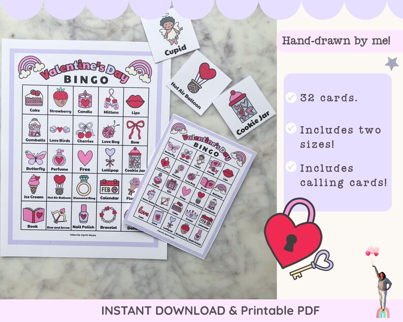 Valentine Bingo Cards, 32 Unique Cards, Classroom or Kid Party ...
