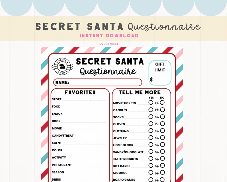 Secret Santa Questionnaire, Christmas List Questionnaire, Gift Exchange ...
