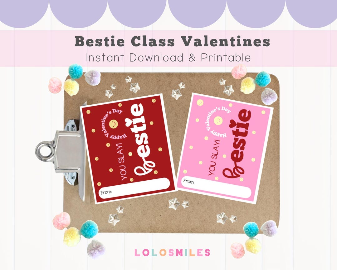Printable Bestie Valentine Cards: Pink & Red Classroom Valentines (PDF ...