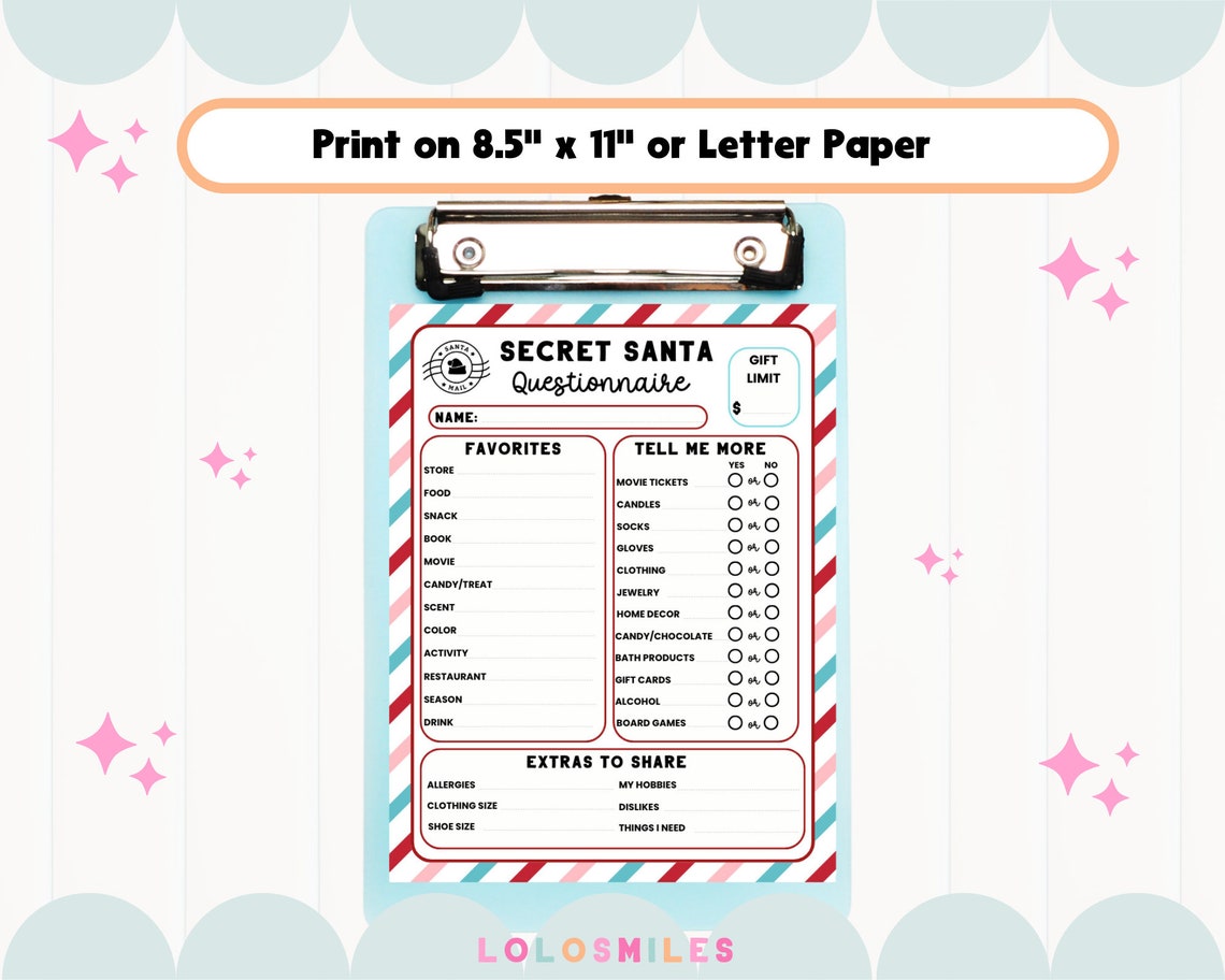 Secret Santa Questionnaire, Christmas List Questionnaire, Gift Exchange ...