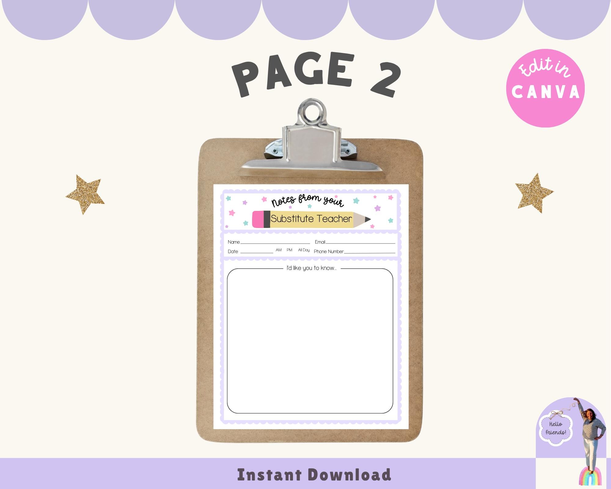 Substitute Teacher Report, Printable Note for Teachers, Substitute ...