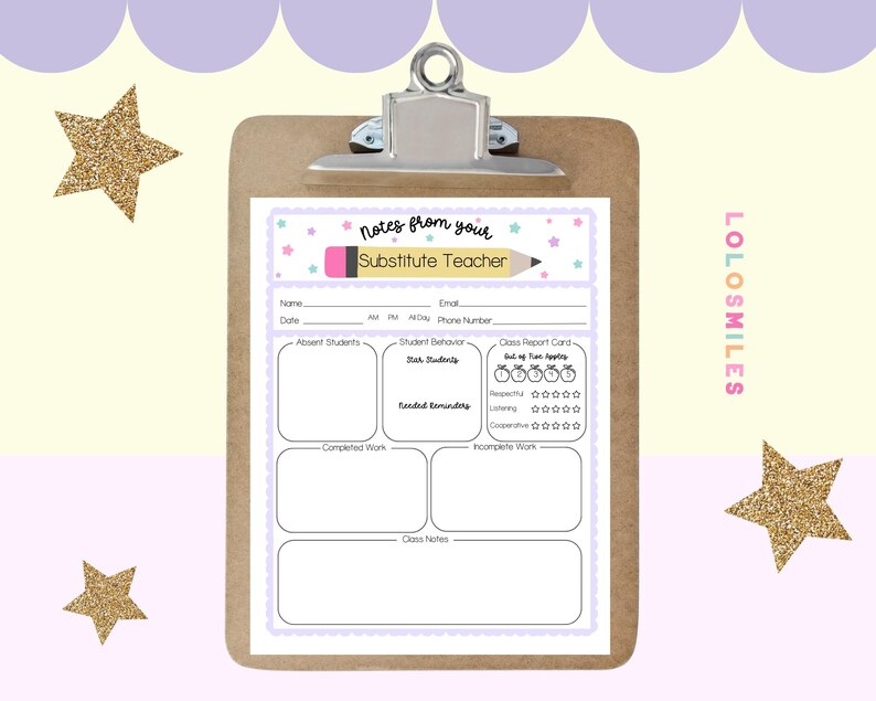 Substitute Teacher Report, Printable Note for Teachers, Substitute ...