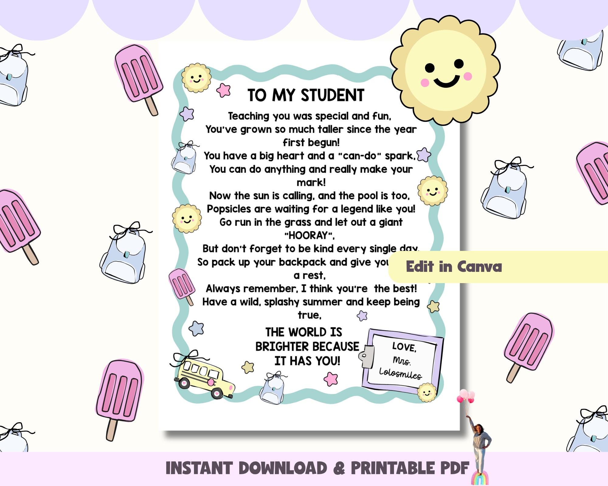 End of School Year Poem Letter for Students, Printable Student Goodbye ...