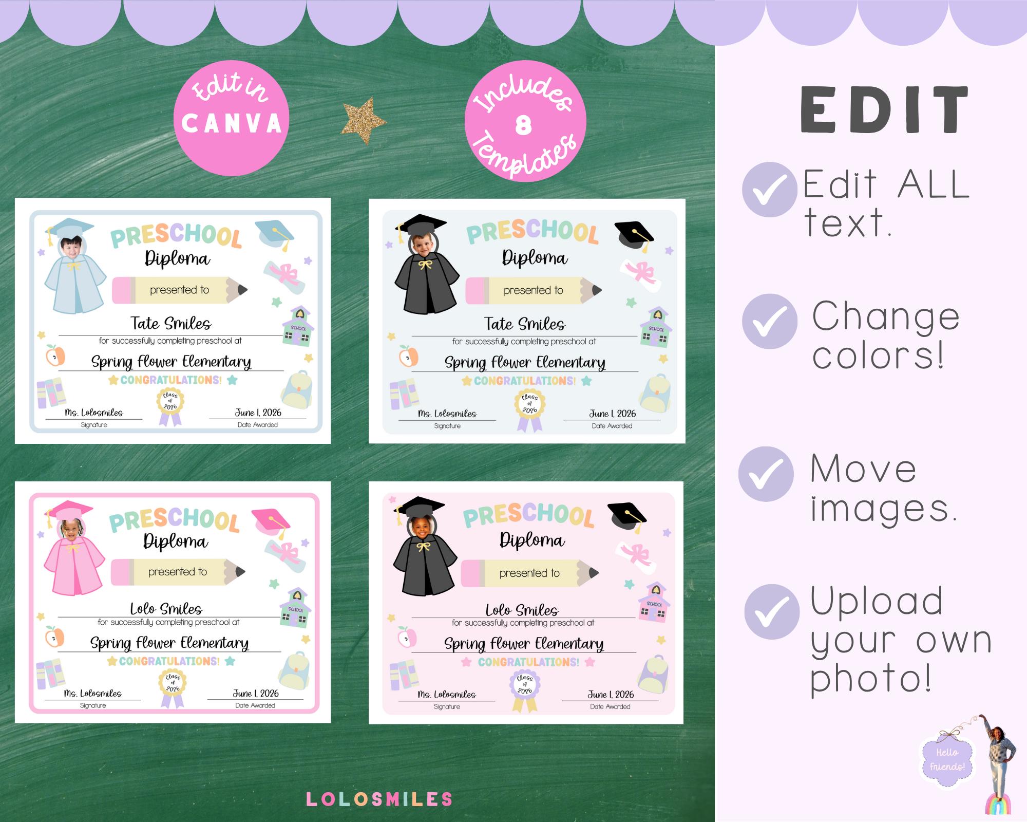 Editable Preschool Graduation Certificate With Photo: Keepsake Diploma ...