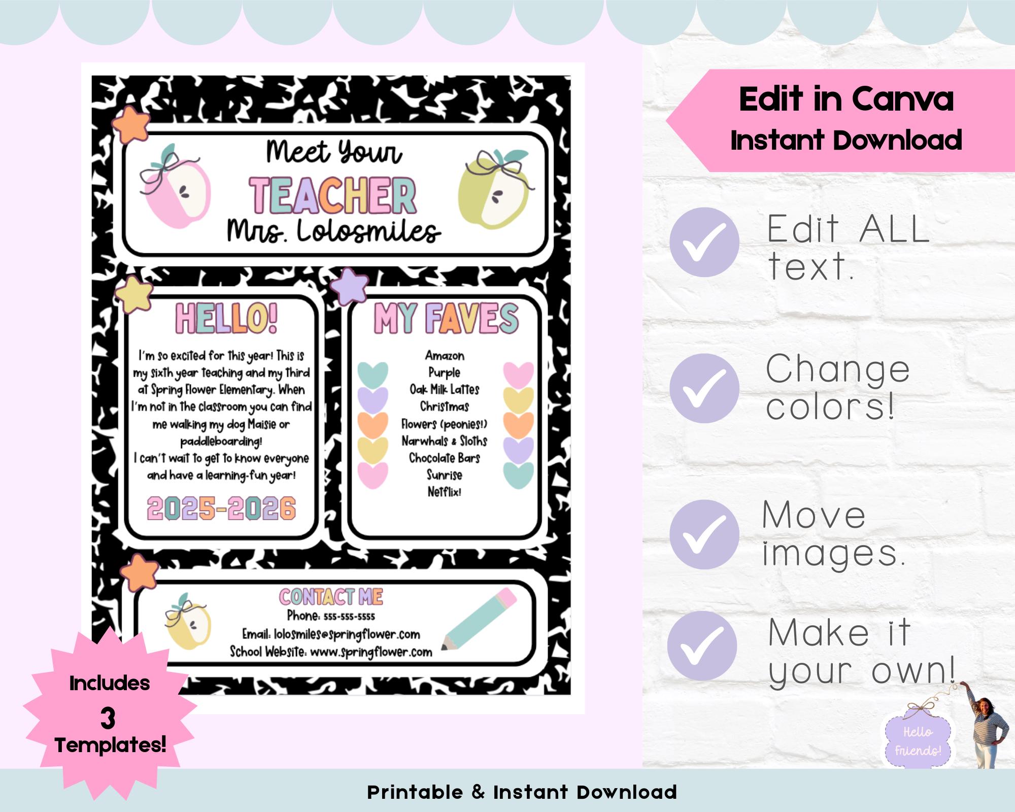 Meet the Teacher Editable Template, No Photo, Composition Notebook, All ...