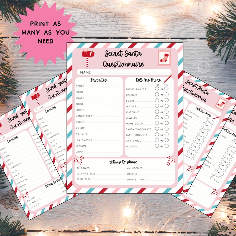 Secret Santa Questionnaire, Christmas List Questionnaire, Gift Exchange ...