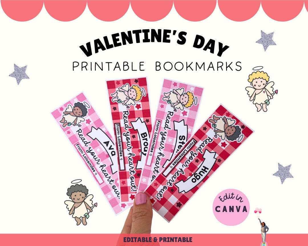 Valentine's Day Cupid Bookmarks Printable and Editable, Non-candy ...