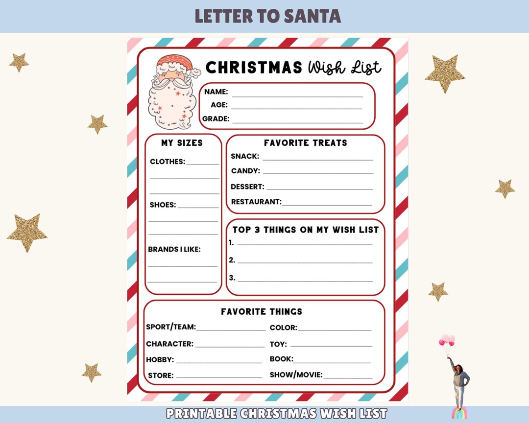 Kids Christmas Wish List, Letter to Santa Template (instant Download ...