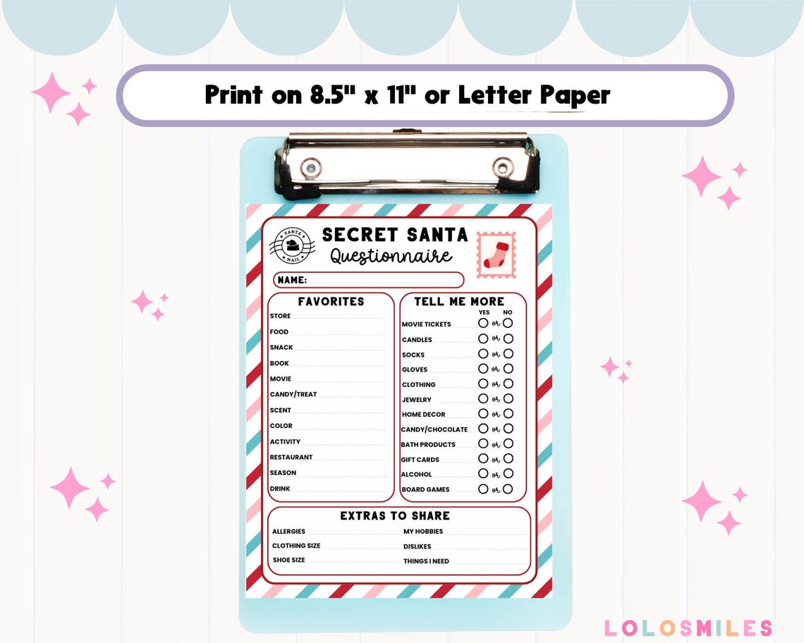 Secret Santa Questionnaire, Christmas List Questionnaire, Gift Exchange ...
