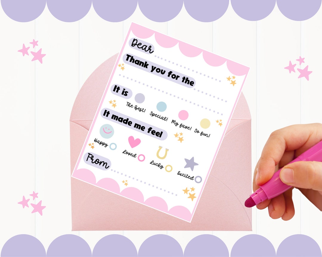 Pink Printable Thank You Cards for Kids, Birthday Thank You Note, Fill ...