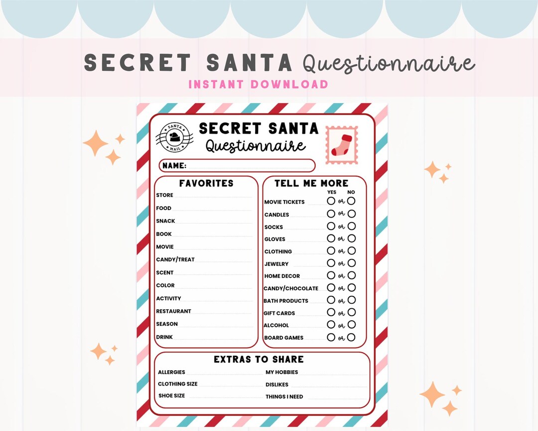 Secret Santa Questionnaire, Christmas List Questionnaire, Gift Exchange ...