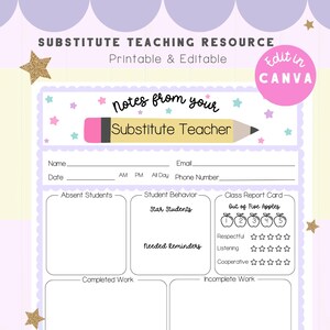 Substitute Teacher Report, Printable Note for Teachers, Substitute ...