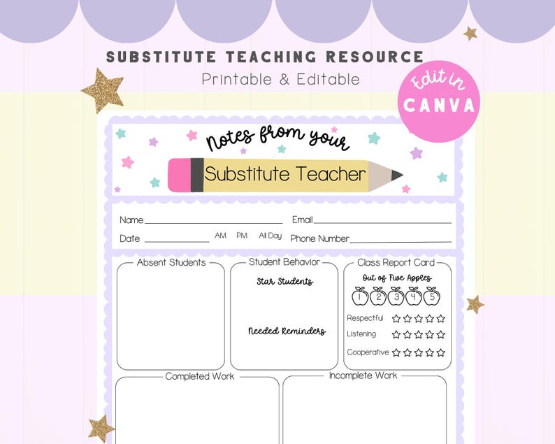 Substitute Teacher Report, Printable Note for Teachers, Substitute ...
