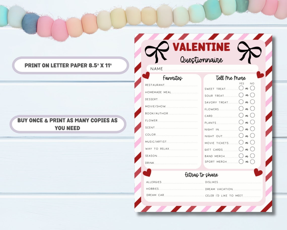 Valentine Questionnaire, Galentines Day Game, Favorite Things List ...