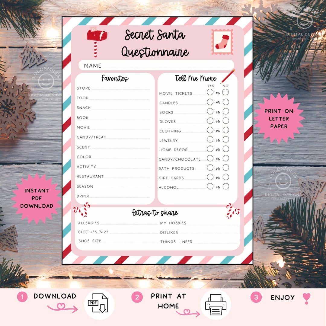 Secret Santa Questionnaire, Christmas List Questionnaire, Gift Exchange ...