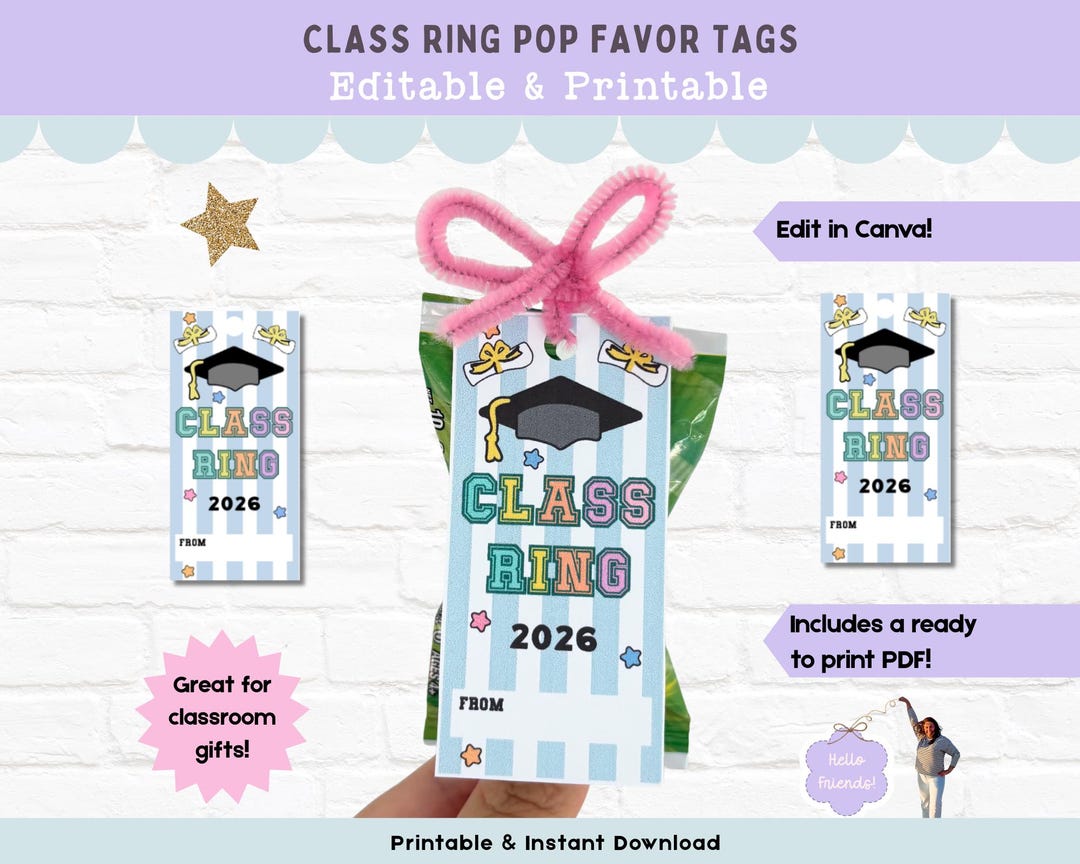 Class Ring Pop Favor Gift Tags Editable, End of School Year Class Gift ...