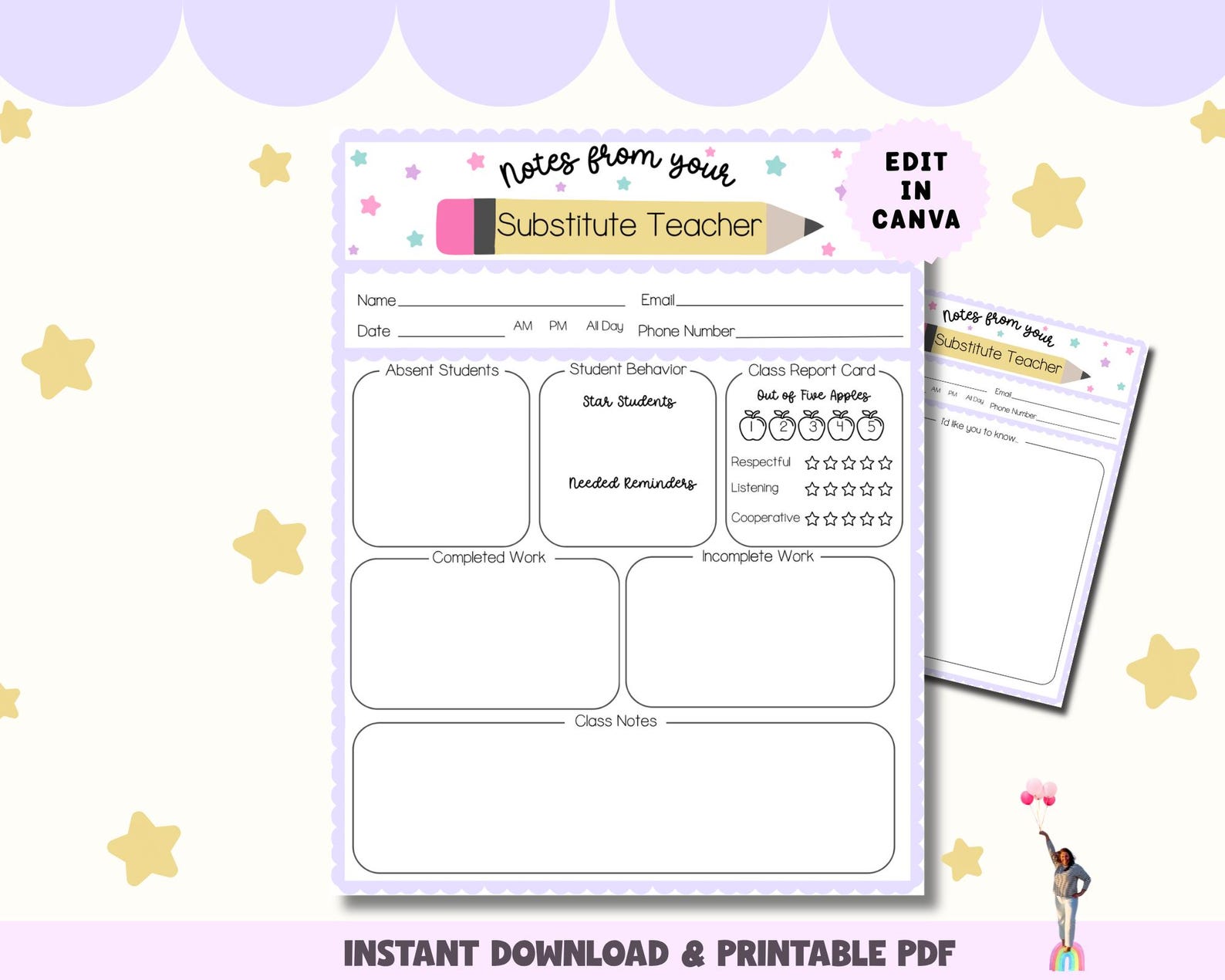 Substitute Teacher Report, Printable Note for Teachers, Substitute ...