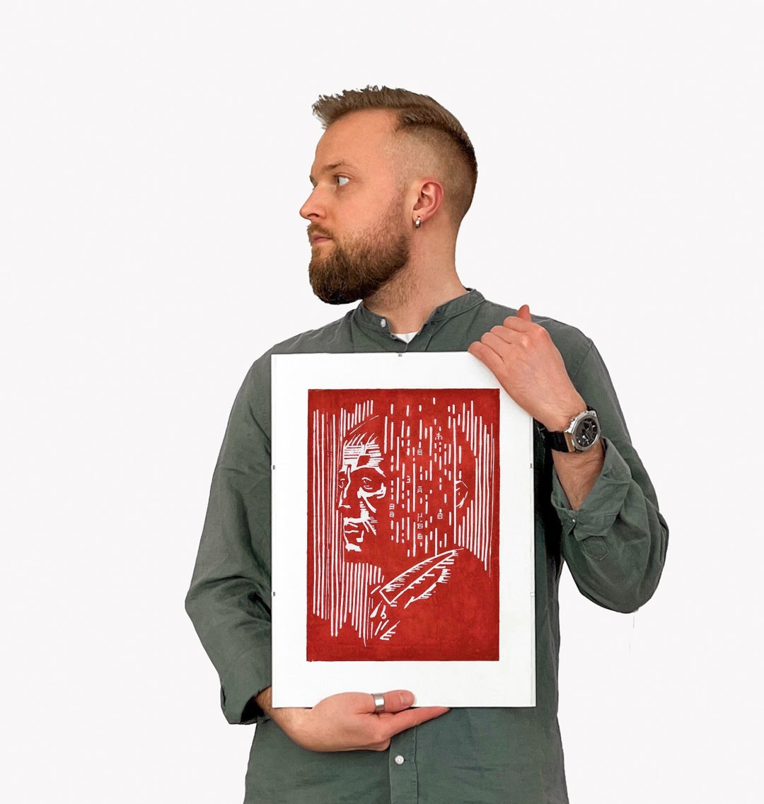 Original Linocut Print the Barcode Man Handmade Wall Decor - Etsy
