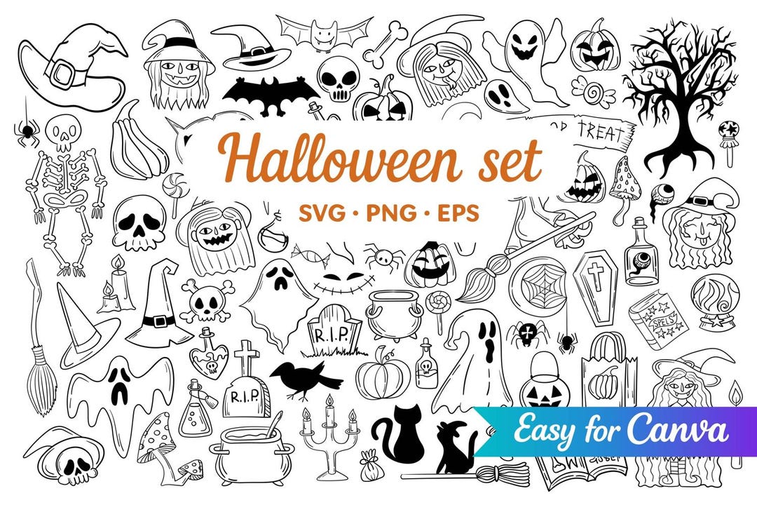 Halloween Doodle Clipart Set | 73 Hand-drawn Spooky Elements | Ghosts ...