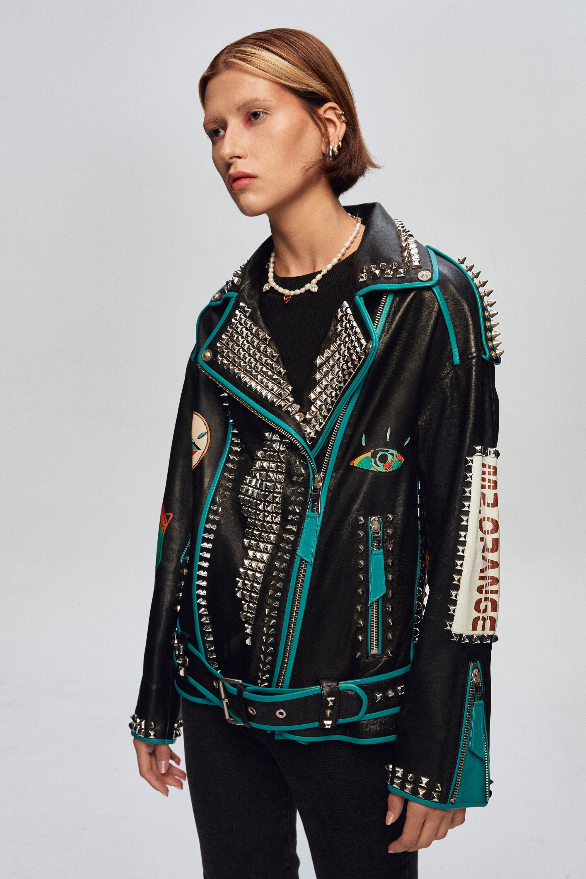 Oversize Hand Painted Leather Jacket for Woman, Studded Leather Jacket ...