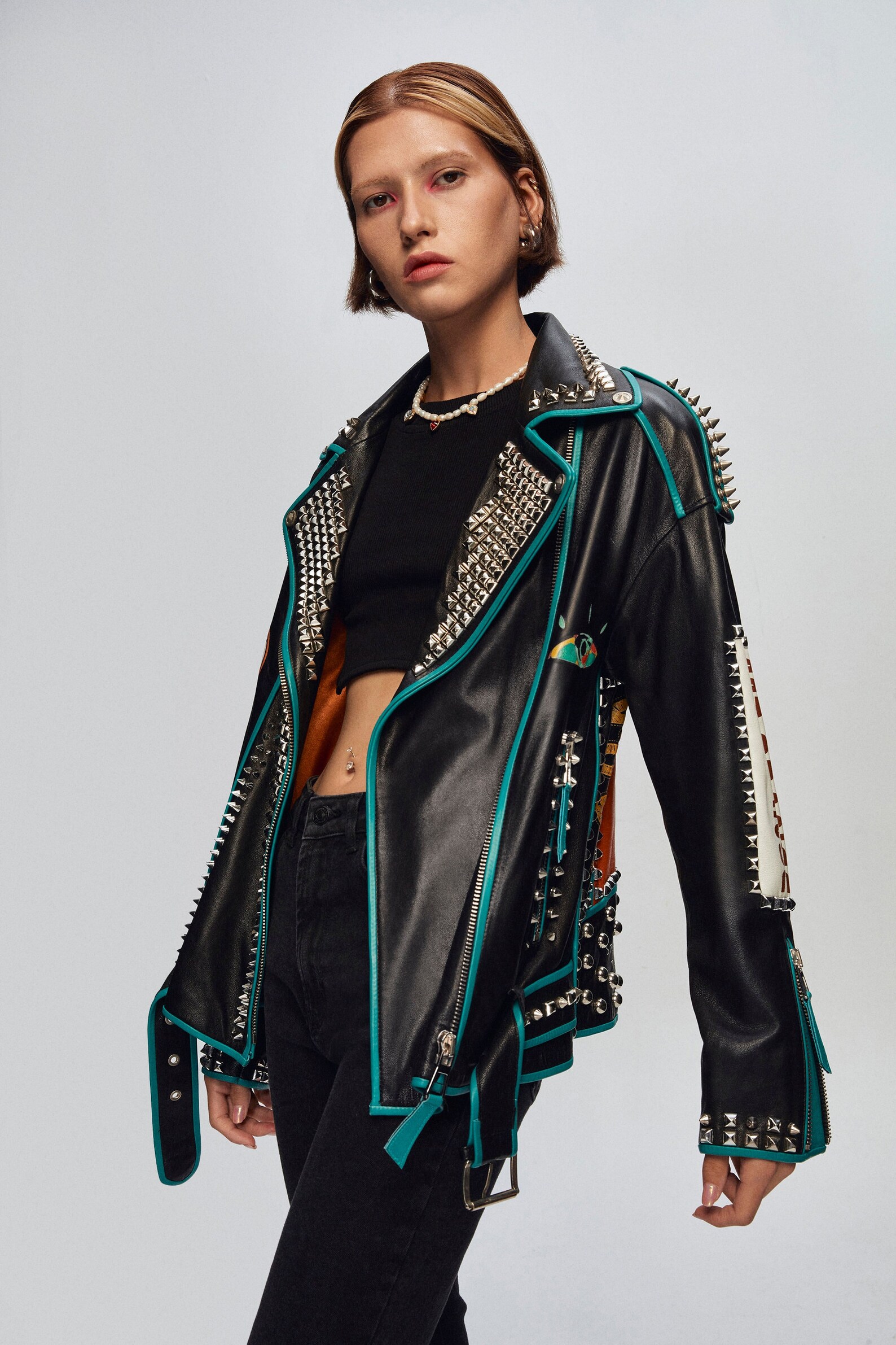 Oversize Hand Painted Leather Jacket for Woman, Studded Leather Jacket ...