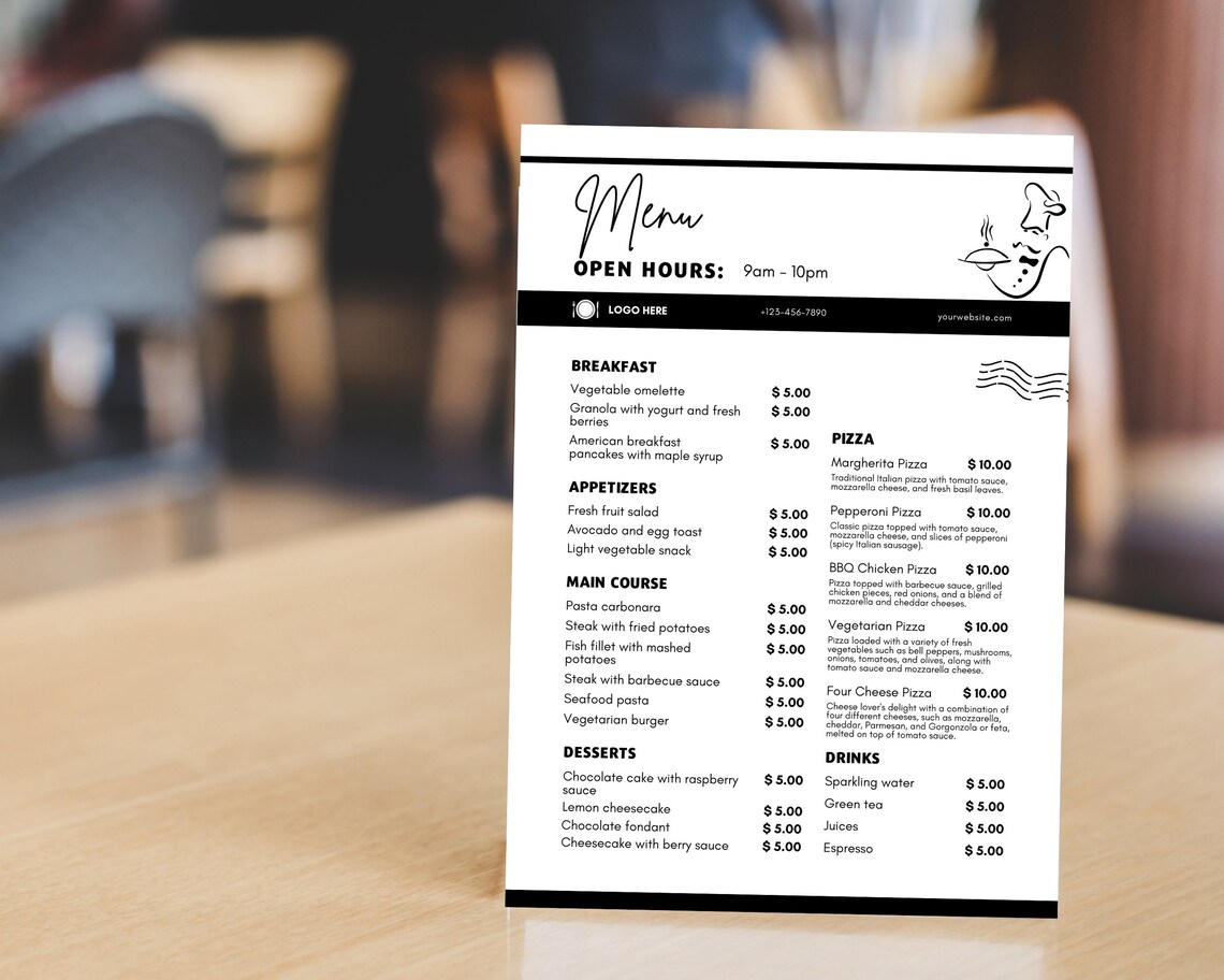 Minimal Restaurant Menu Template, Customizable Cafe Menu, Bistro Menu ...