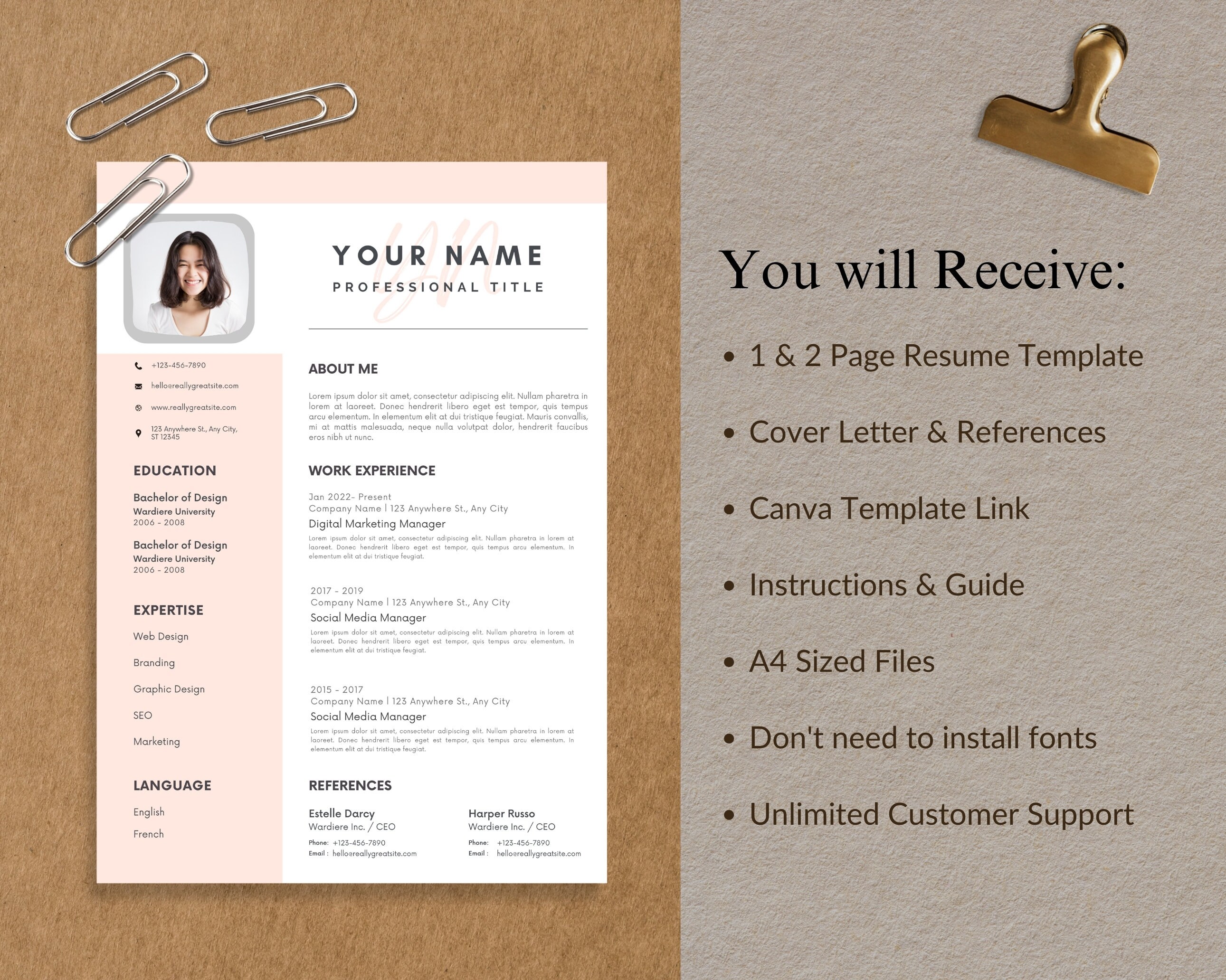 Professional Resume Template With Photo, 1 & 2 Page Version, Cover and ...