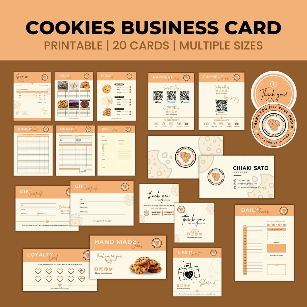 20 Cookies Business Cards Set, Canva Template, Cookie Thank You Card ...