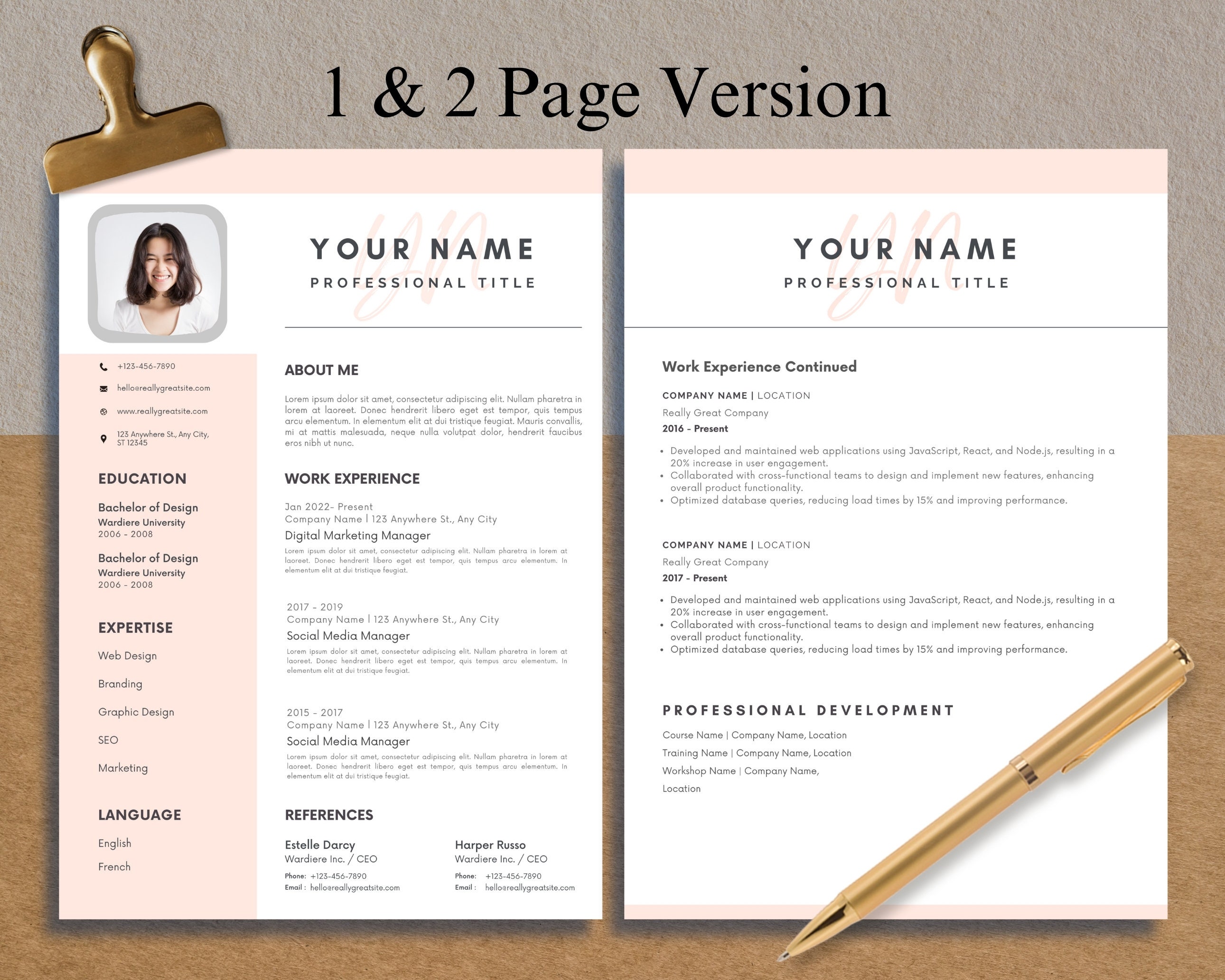 Professional Resume Template With Photo, 1 & 2 Page Version, Cover and ...