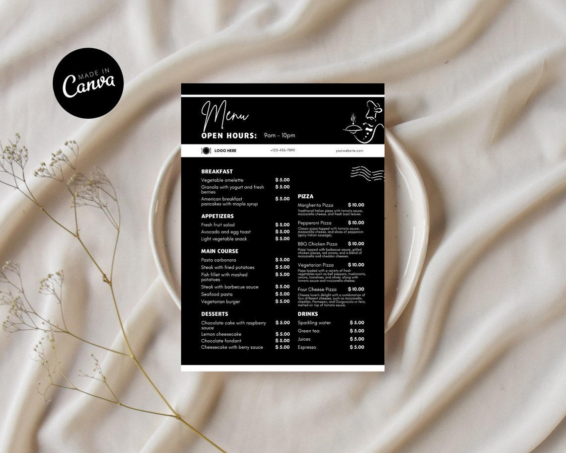 Minimal Restaurant Menu Template, Customizable Cafe Menu, Bistro Menu ...
