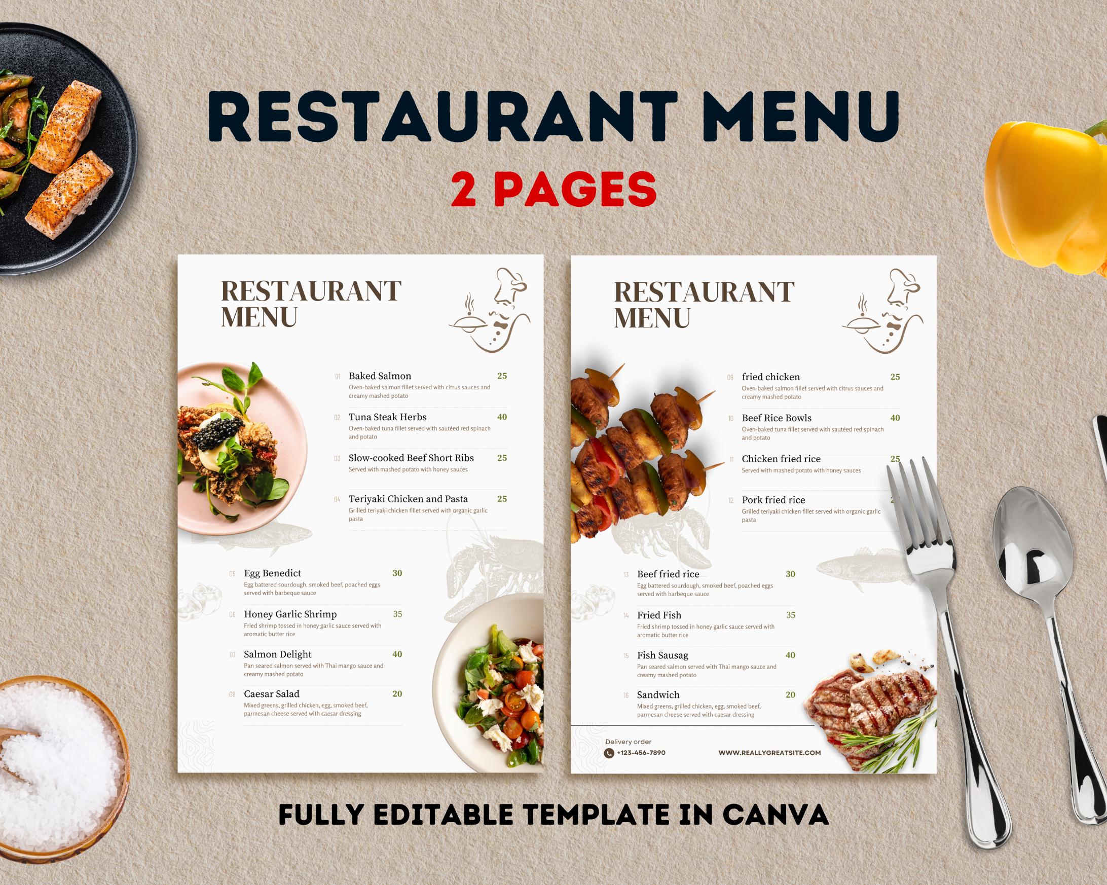 Custom Restaurant Menu Design, 2 Page Cafe & Bistro Menu Template ...