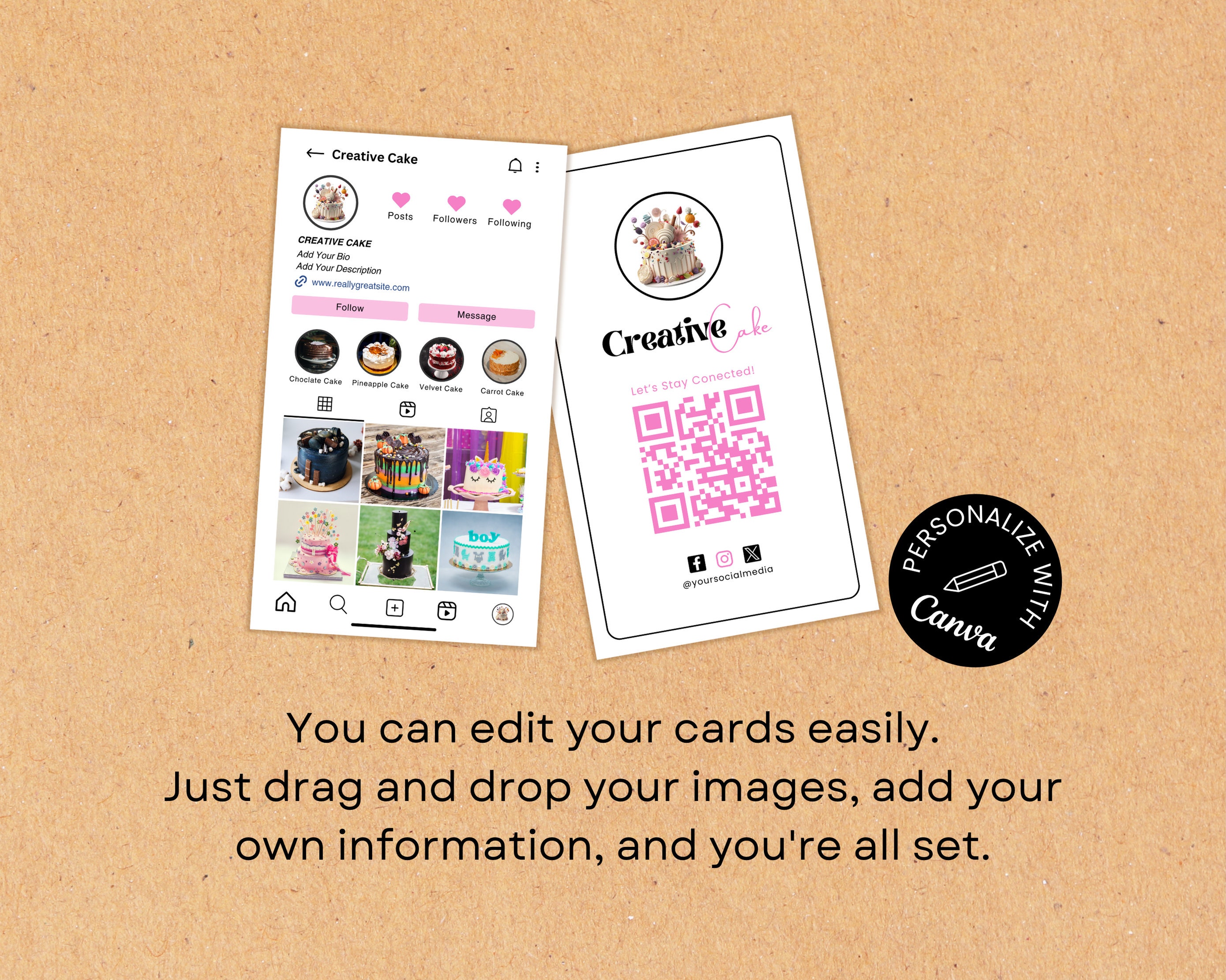 Bakery Instagram Business Card, DIY QR Code Business Card, Cake Bakery Business Card, IG ...