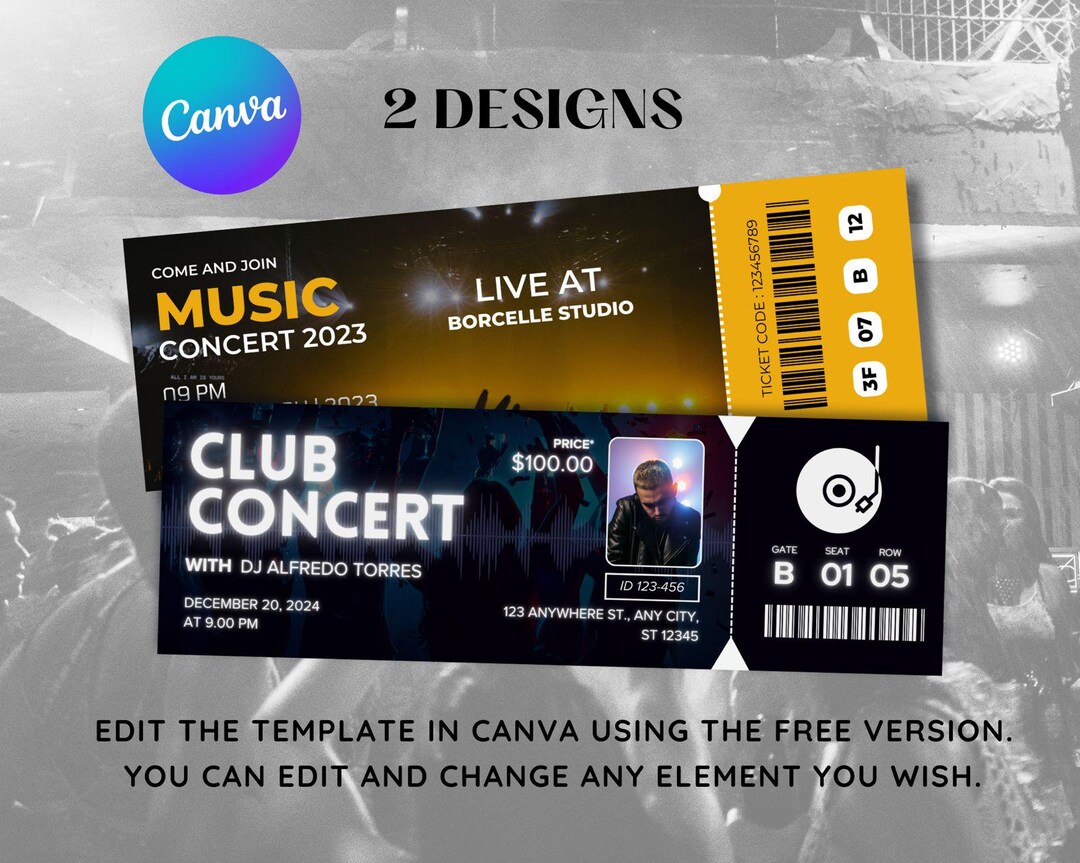 Editable Concert Ticket, Editable Music Ticket, Club Event Ticket ...