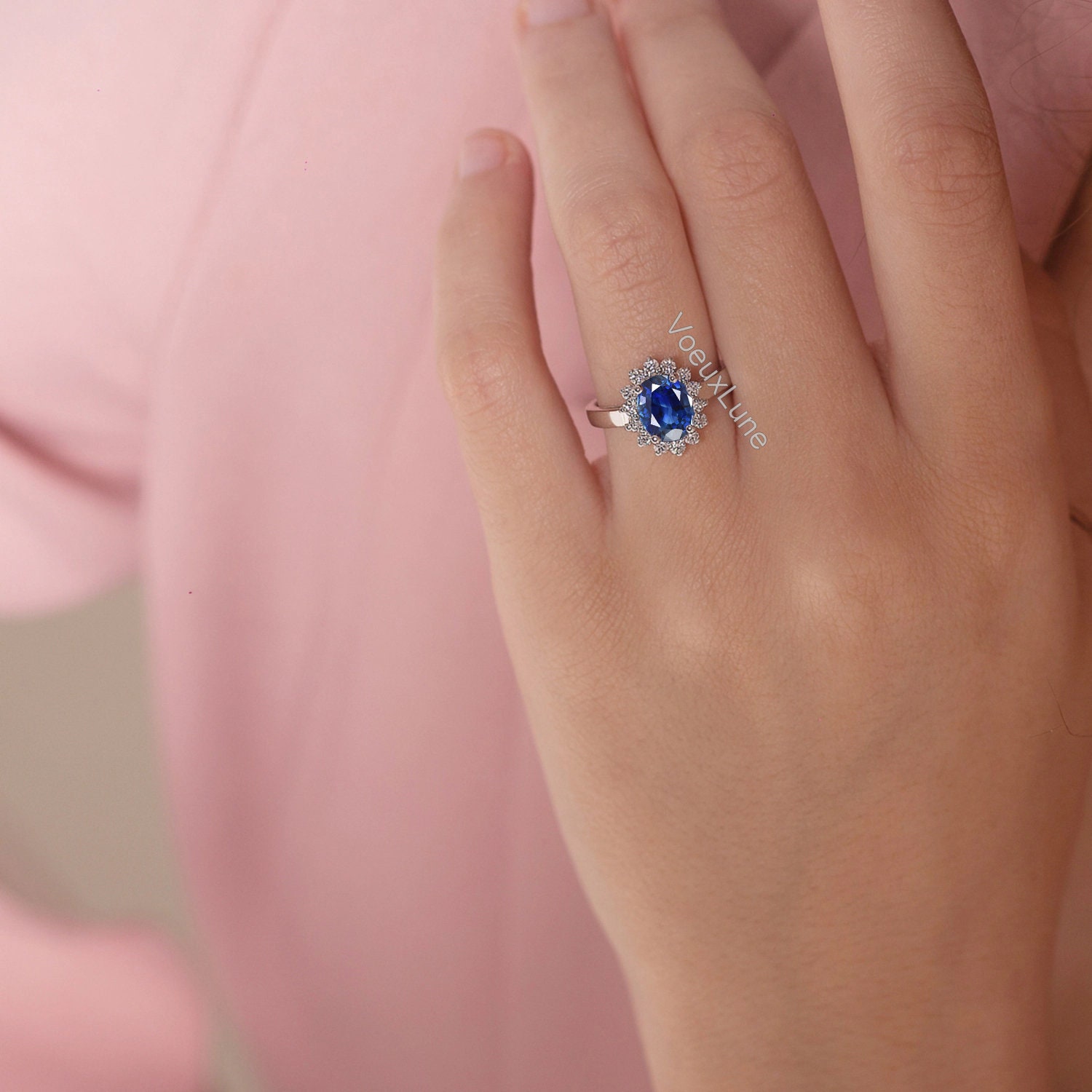 Oval Shape Blue Sapphire Engagement Ring Unique Halo Wedding Ring ...