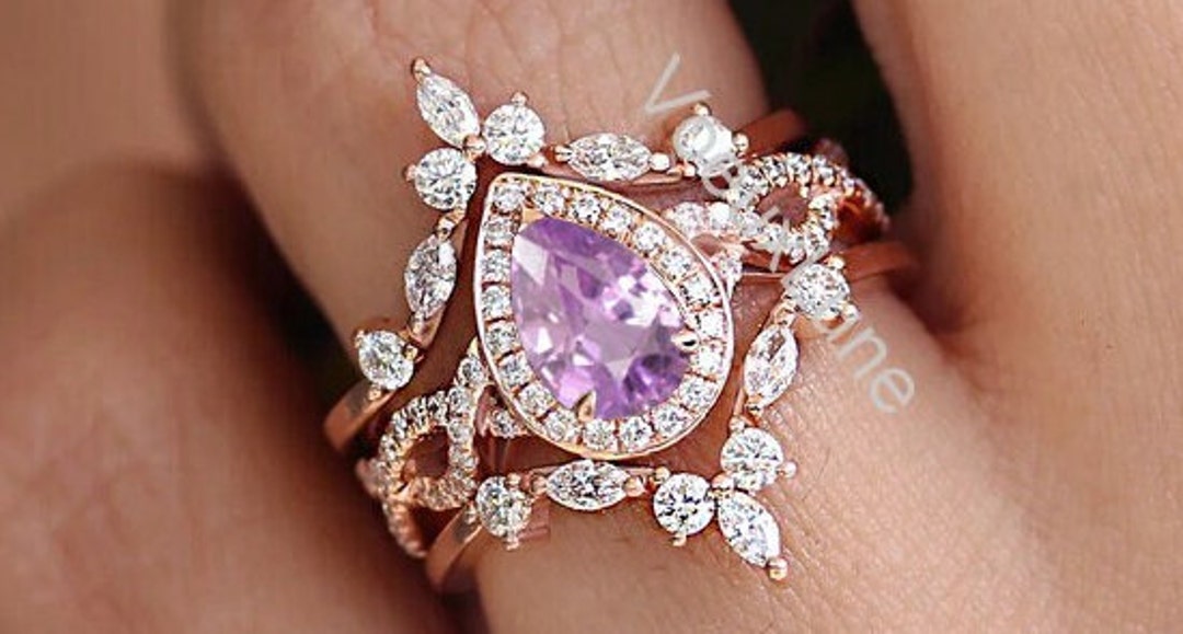 Lavender Sapphire Engagement Ring Set, Art Deco Lavender Sapphire Ring ...