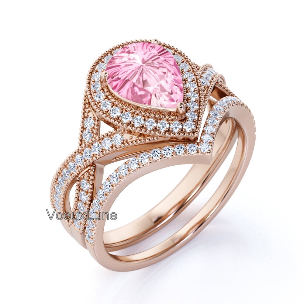 Pear Cut Pink Moissanite Engagement Ring Set Unique Art Deco - Etsy