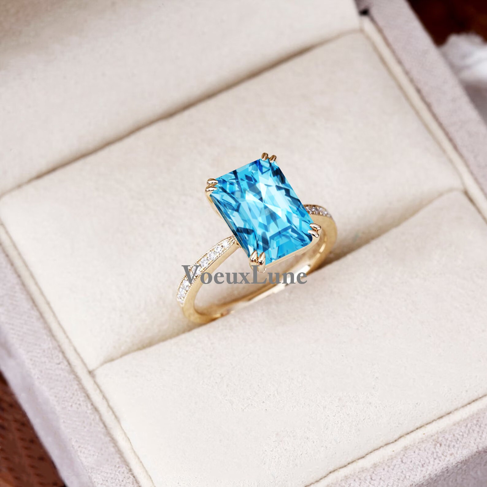 Emerald Cut Swiss Blue Topaz Solitaire Ring 925 Rose Gold Plated ...