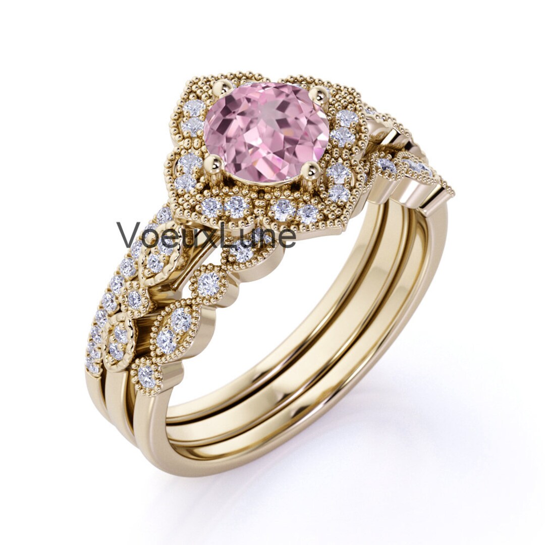 Sterling Silver Pink Sapphire Ring Set 3 Piece Pink Stone Wedding Ring ...