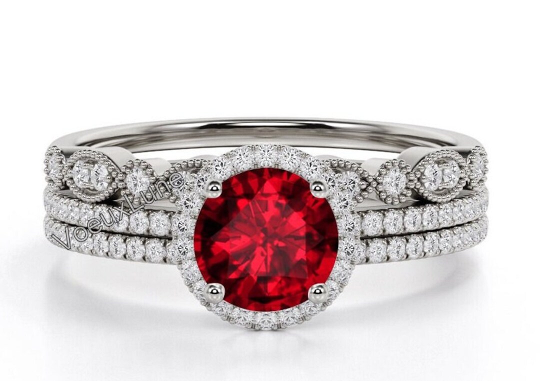 Unique Red Garnet Engagement Ring Set 3 Piece Red Garnet Wedding Ring Set Vintage Round Shape ...