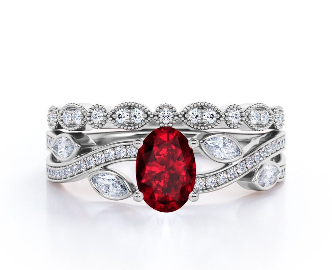 Natural Red Garnet Engagement Ring Set Oval Shape Red Garnet Bridal ...