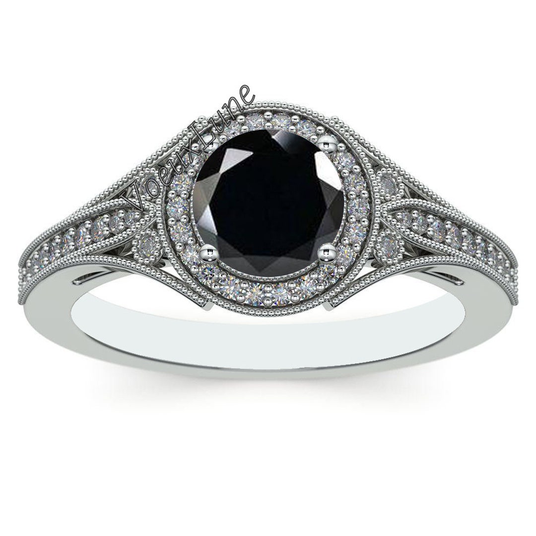 Round Shape Black Onyx Engagement Ring Art Deco Milgrain Design Black ...