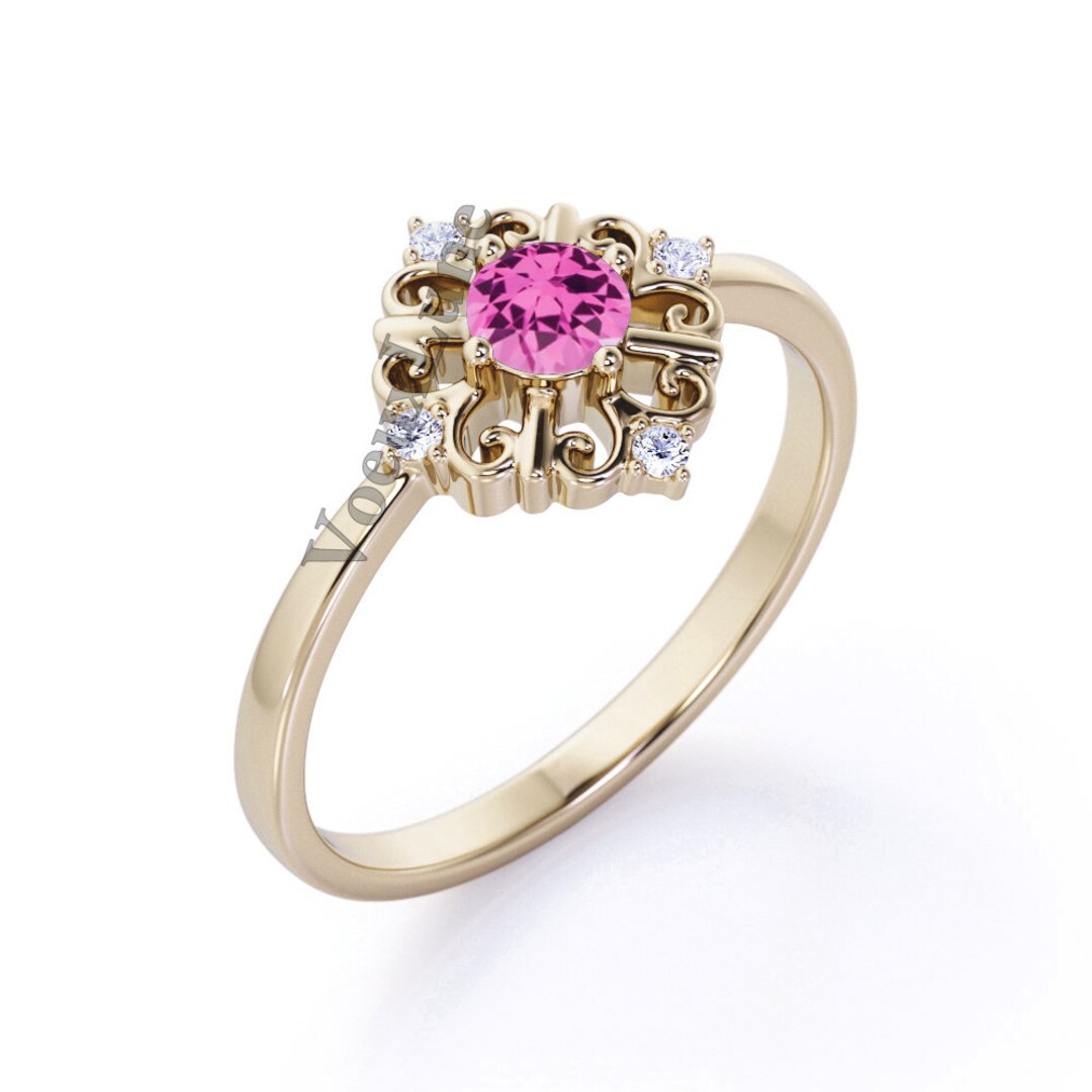 Round Shape Pink Spinel Engagement Ring Antique Pink Spinel Wedding ...