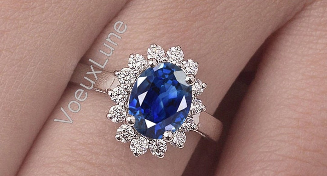 Oval Shape Blue Sapphire Engagement Ring Unique Halo Wedding Ring ...