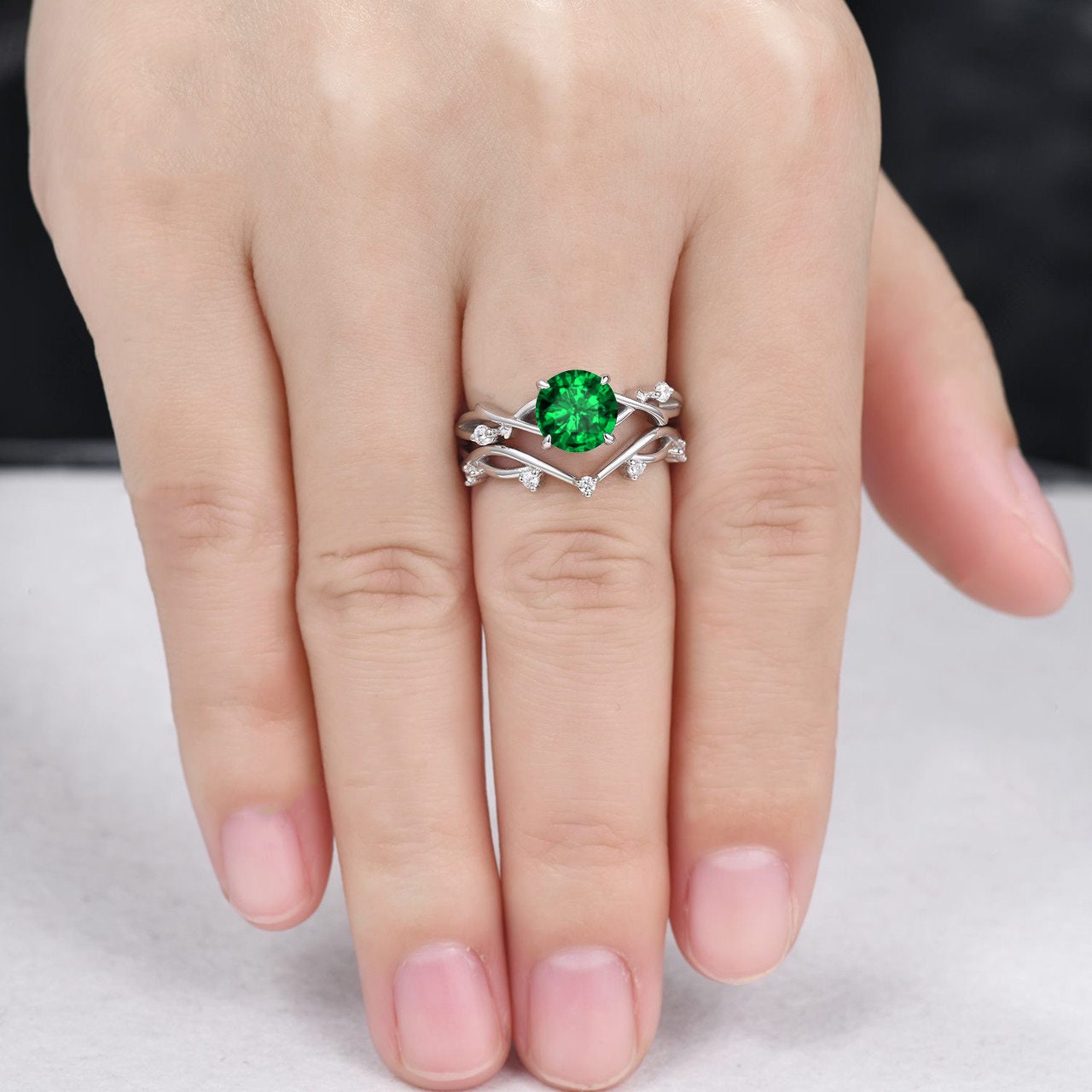 Round Shaped Emerald Engagement Ring Set Antique Art Deco 2 Piece ...