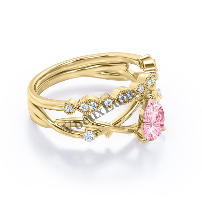 Rose Gold Pink Sapphire Engagement Ring Set Solid Silver Pear Cut Pink ...