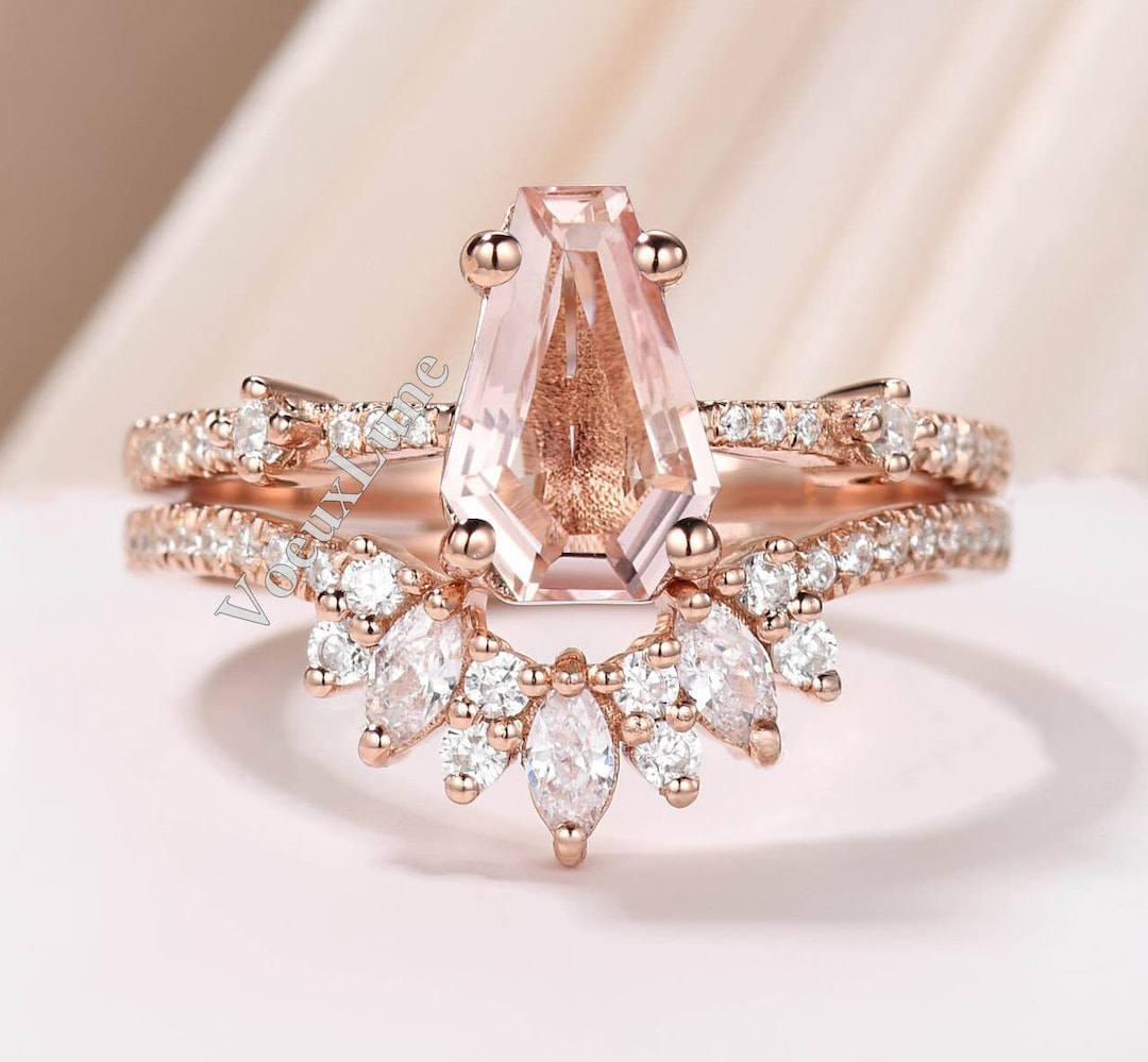 Coffin Shape Morganite Engagement Ring Set Vintage Peach Morganite
