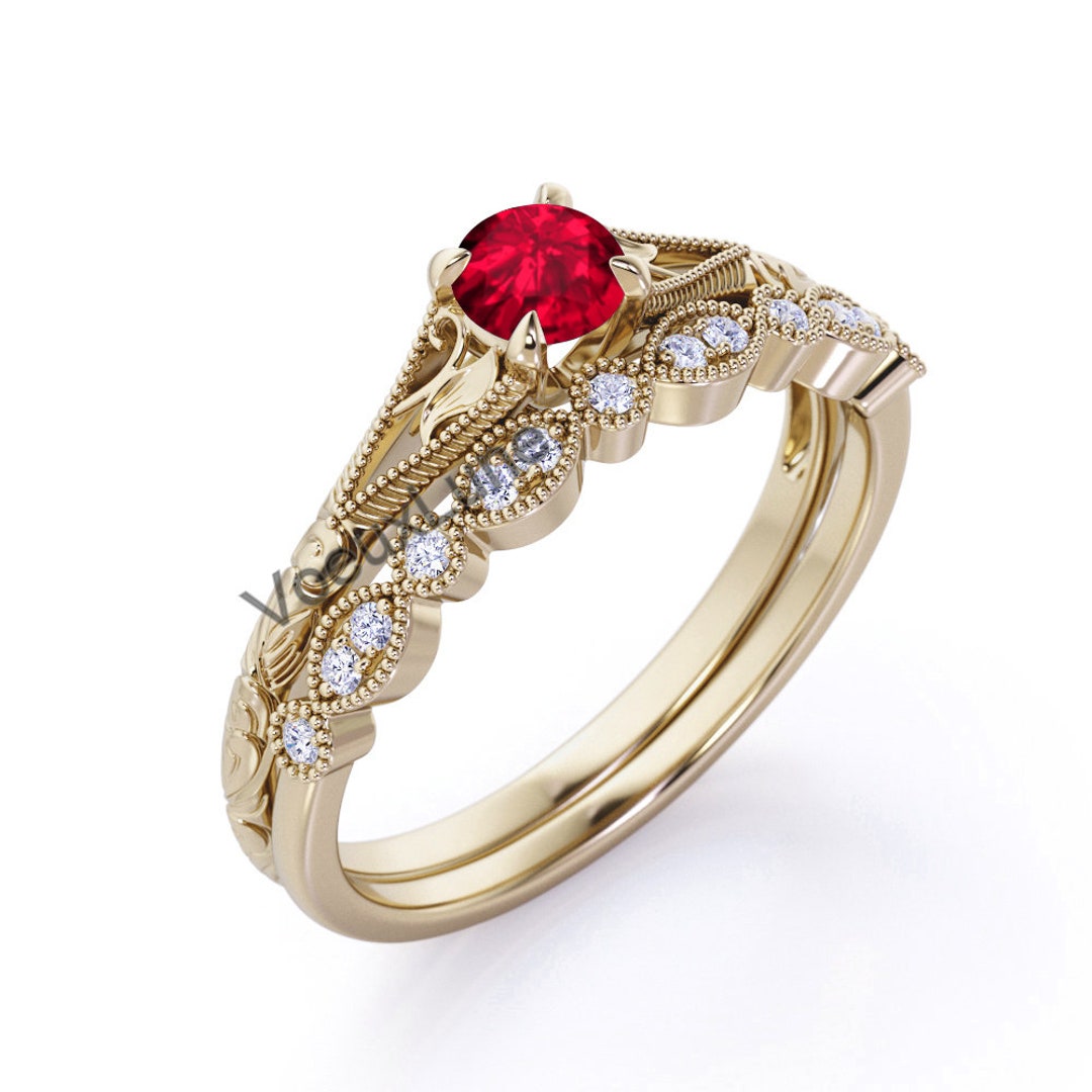 Round Shape Ruby Engagement Ring Set Unique Ruby Bridal Wedding Ring ...