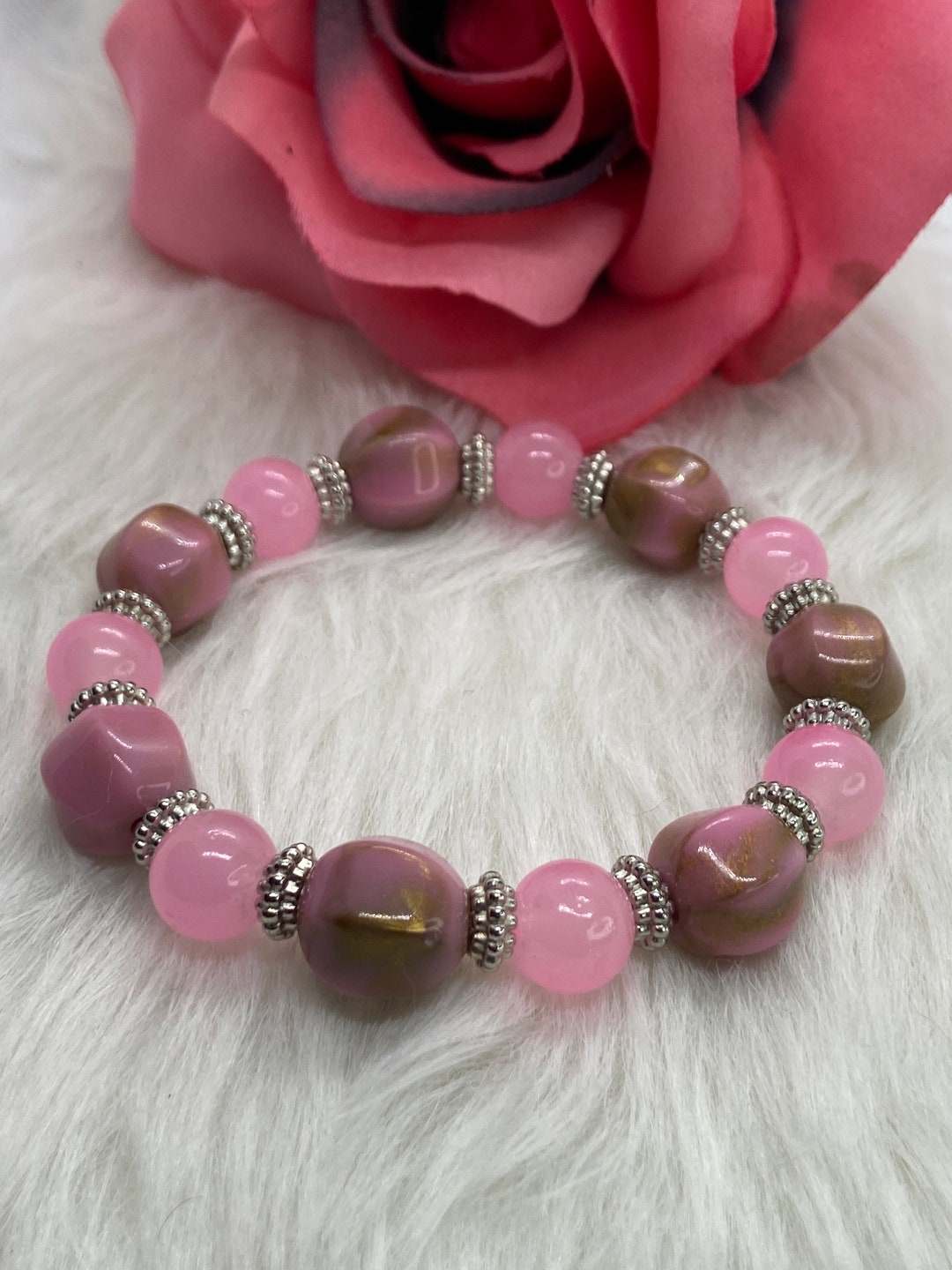 Pink Beaded Bracelet - Etsy