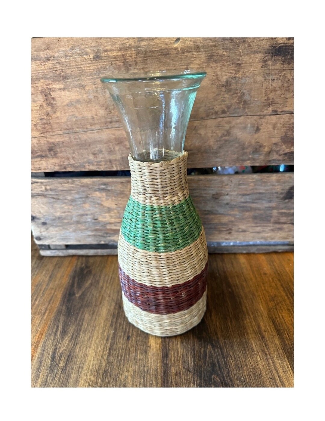 Vintage Glass Carafe With Multi-colored Woven Rattan Cover Wine ...